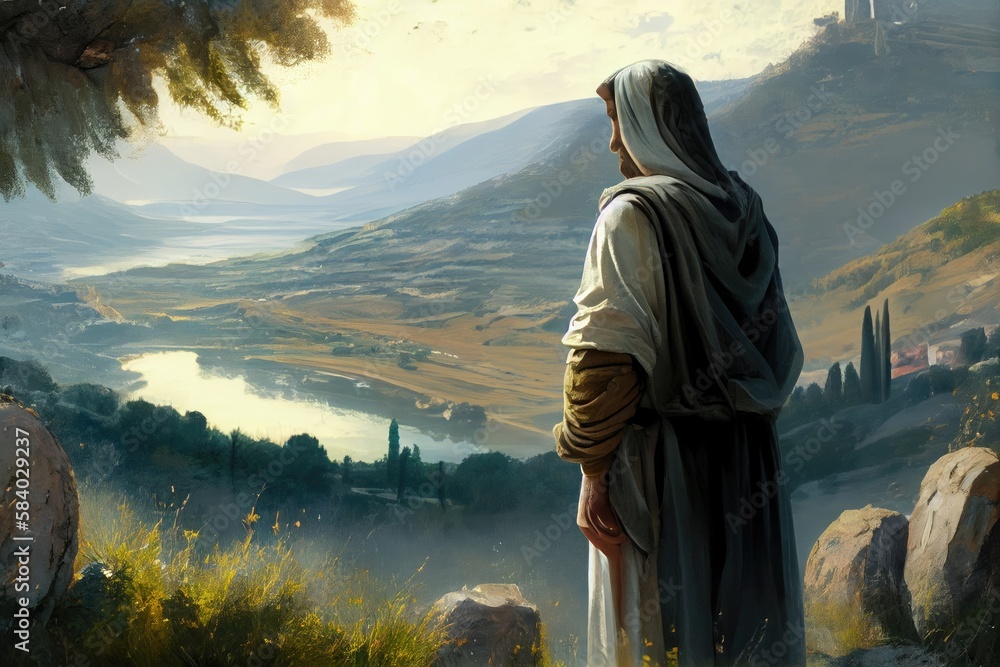 person, offering prayer to jesus christ, with view of peaceful natural ...