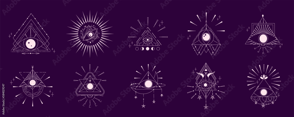 Esoteric pyramid set with eye isolated. Occult mystic triangle with sun ...