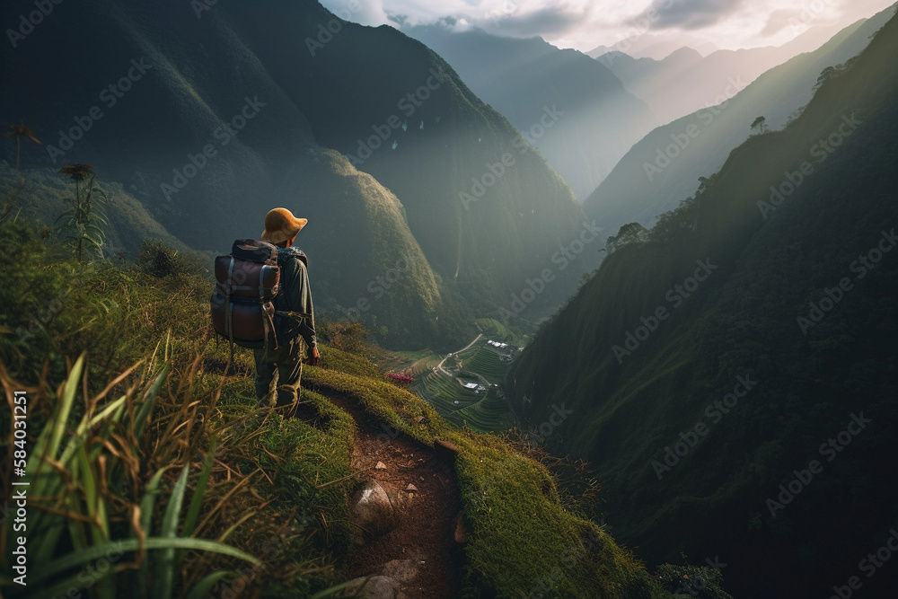 Aventurier randonneur avec sac à dos, belle lumière avec rayons de ...