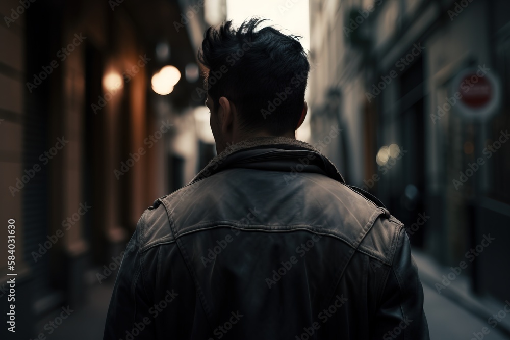 a man walking down a street next to a tall building with a clock on the ...