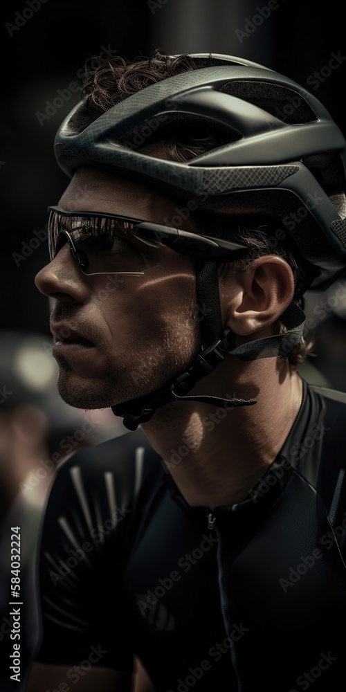 Close up shot of professional cyclist looking in profile during ...
