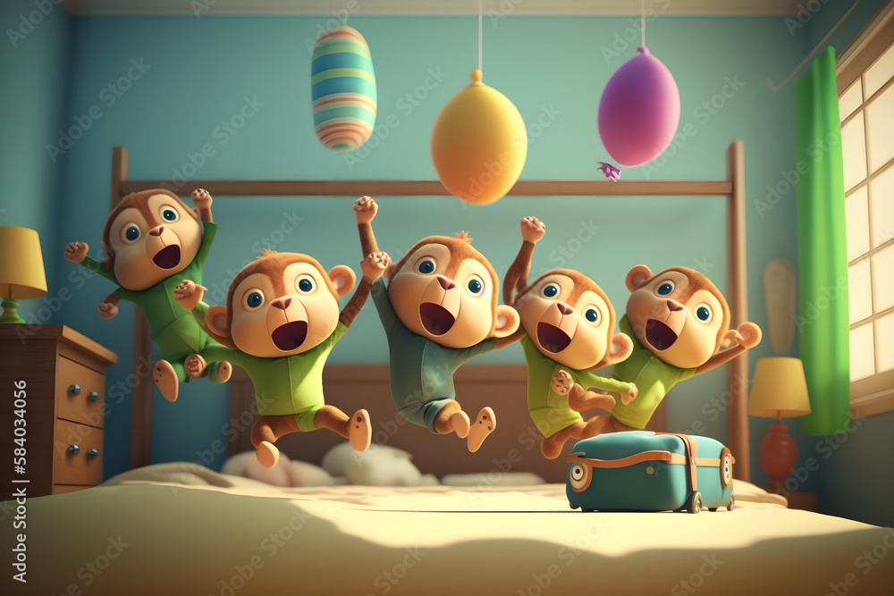 Five little monkey jumping on a bed, cute cartoon characters, ai ...