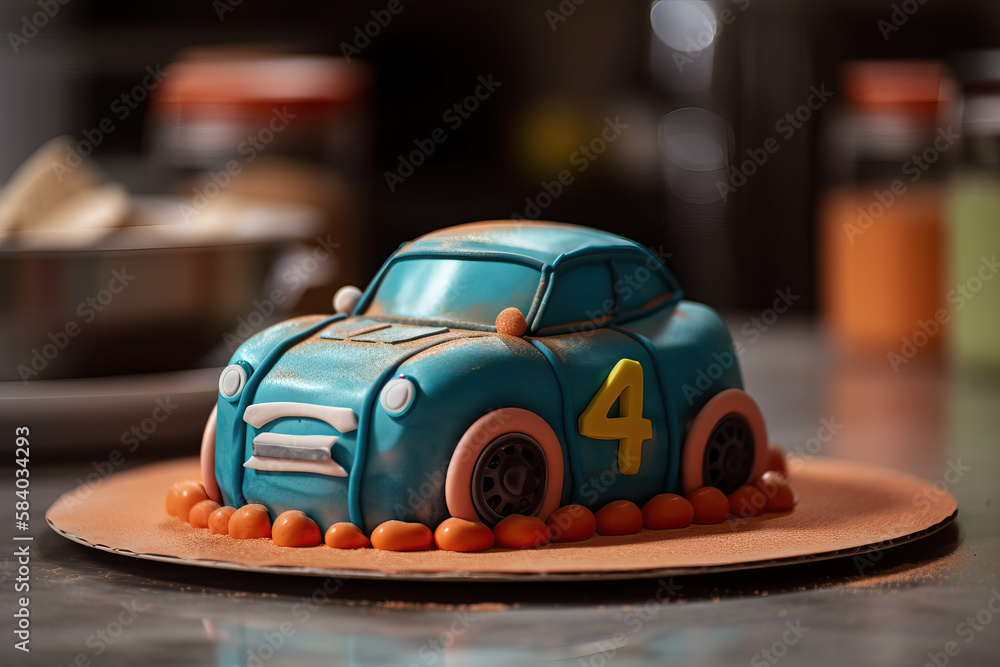 Kids' birthday cake in the form of car. Children birthday party. Blue ...