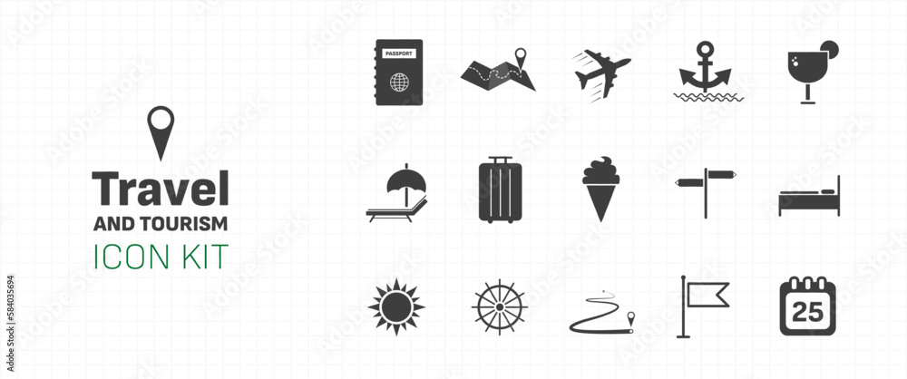 Travel and tourism icon kit collection with flat simple icons with ...