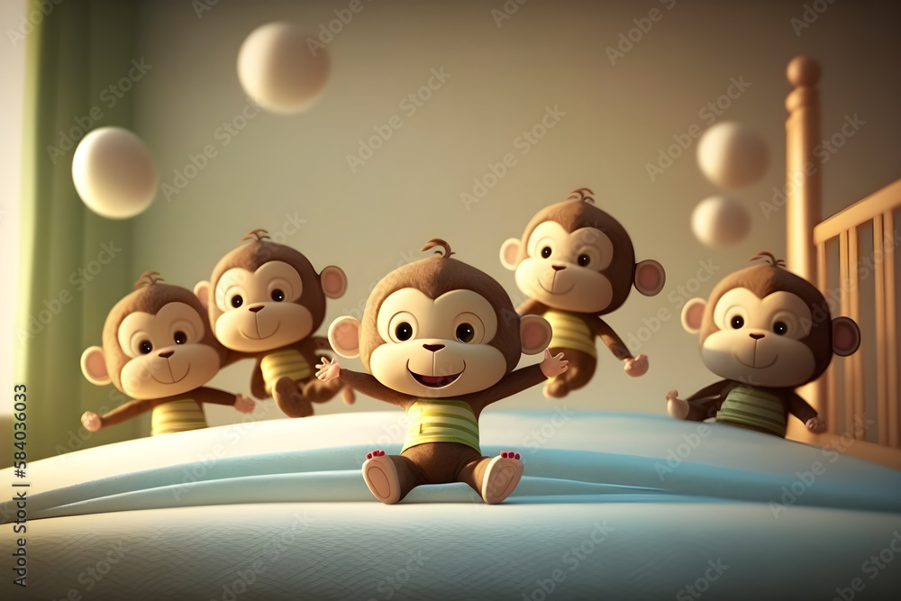 Five little monkey jumping on a bed, cute cartoon characters, ai ...