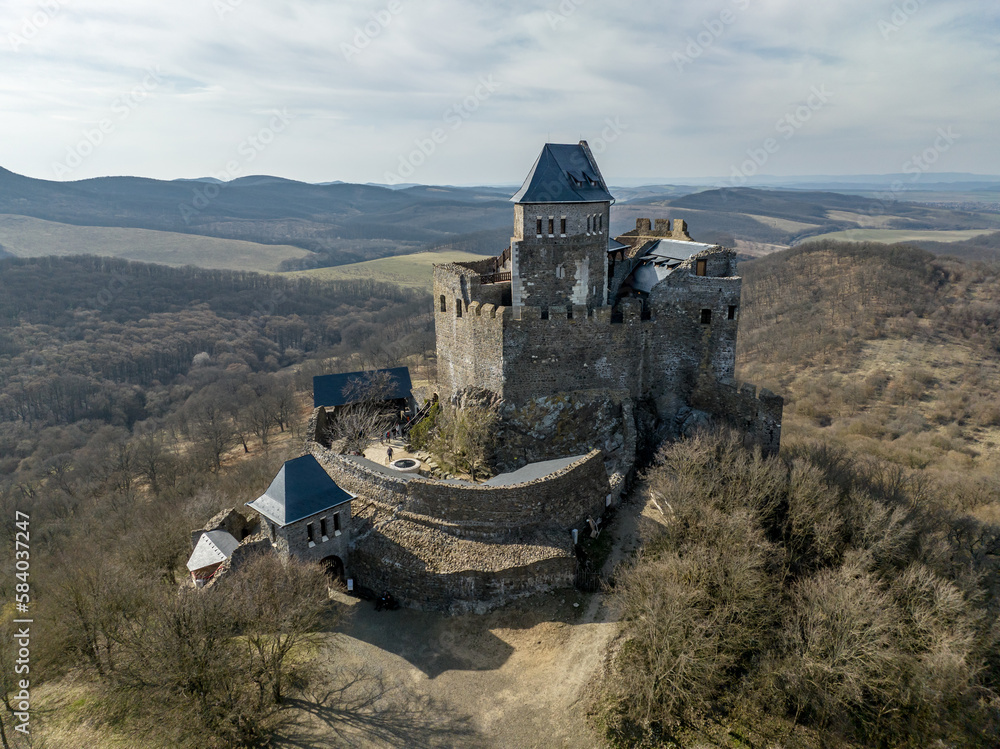 Aerial view of medieval ruined Holloko castle, UNESCO world heritage ...