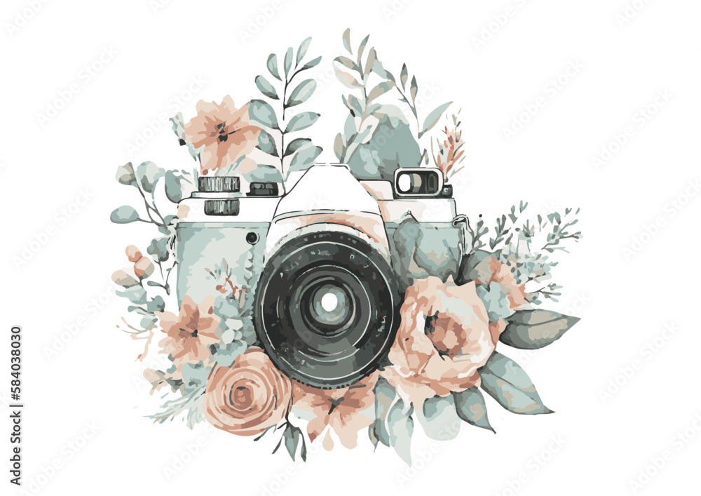 watercolor vector logo of a camera surrounded with flowers Stock Vector ...