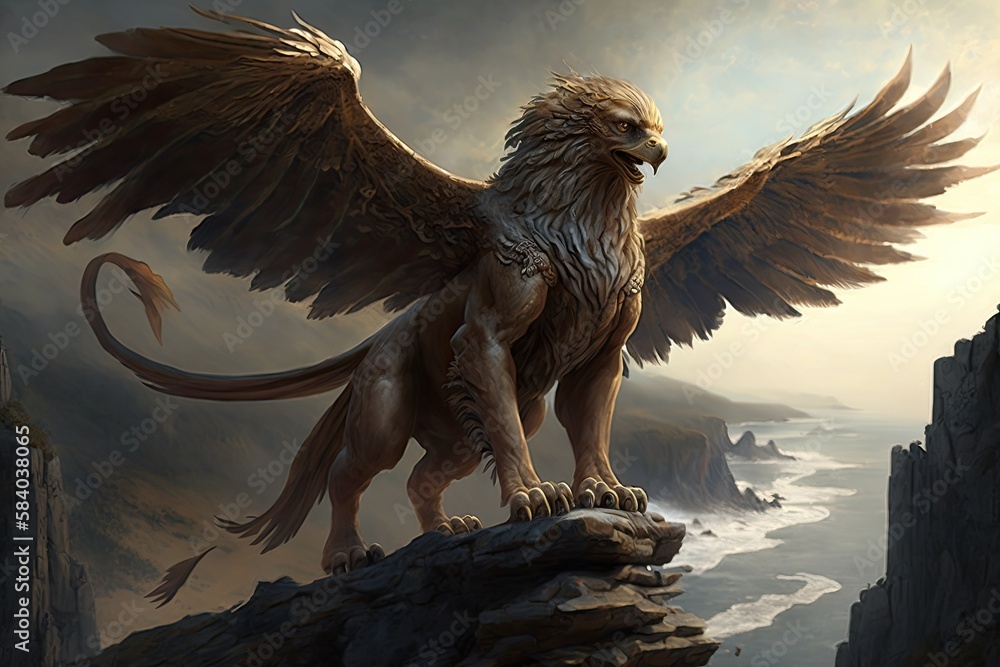 ancient griffin, soaring over distant landscape, with its wings spread ...