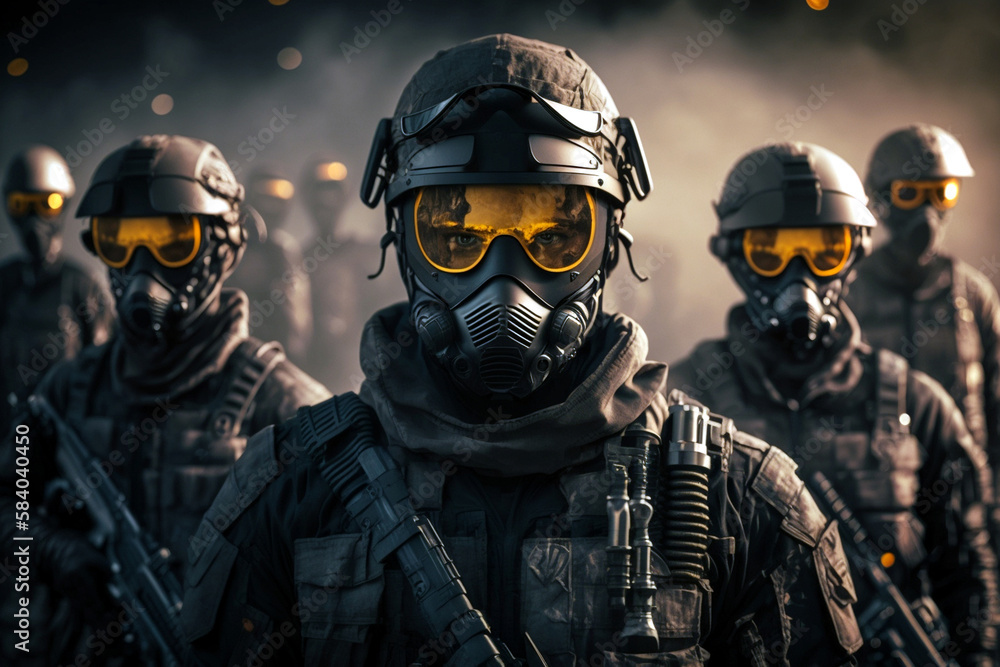 soldiers of a fictional army, modern uniform in green camouflage with ...