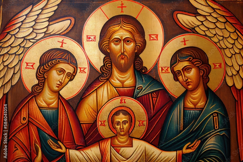 traditional icon of the trinity, with depictions of the father, son and ...