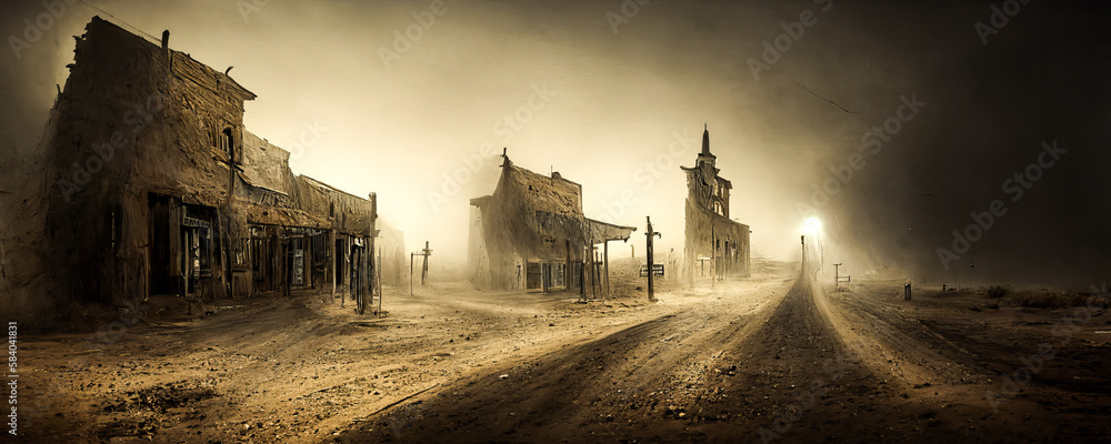 An old western ghost town, abandoned in a spooky, dark desert. An image ...