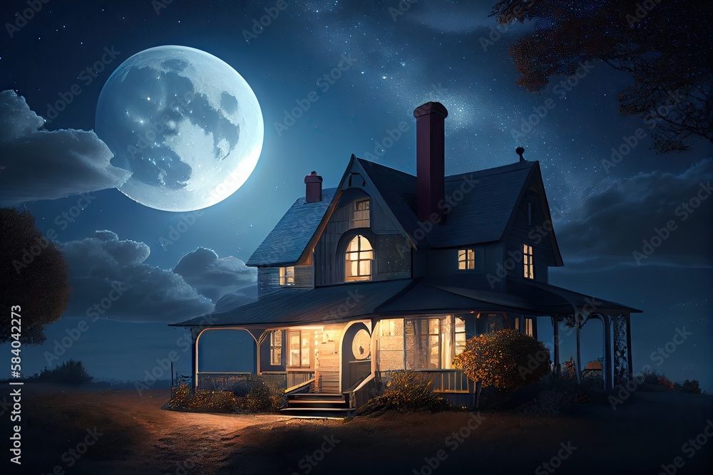 warmly lit house, with view of the moon and stars in the night sky ...