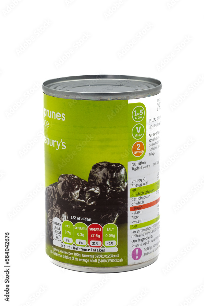 Sainsbury’s branded pitted prunes in a recyclable tin can and label ...