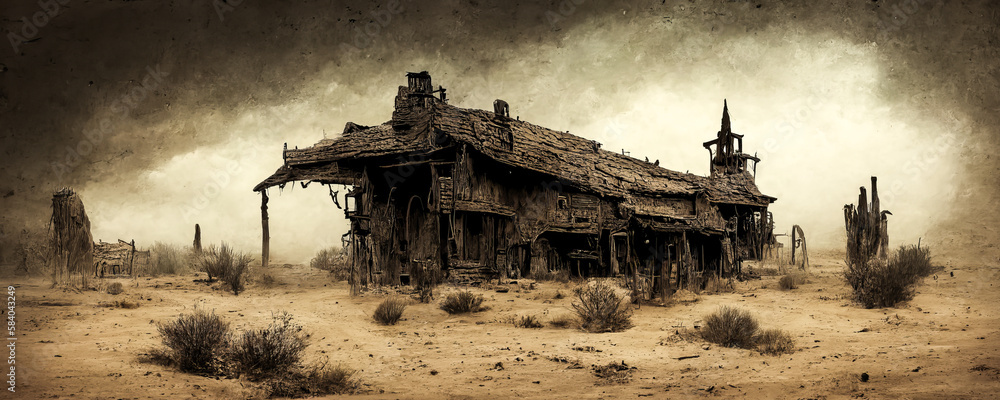 An old western village in the middle of an eerie, dark desert ...