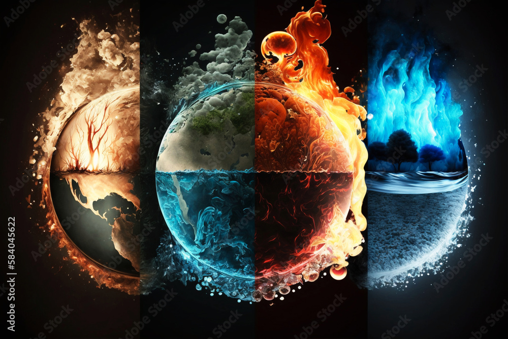 Four elements. Air, earth, water and fire. planet energy. Balance and ...