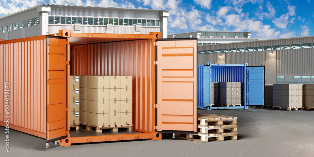 Container with boxes. Warehouse area. Unloading boxes from shipping ...