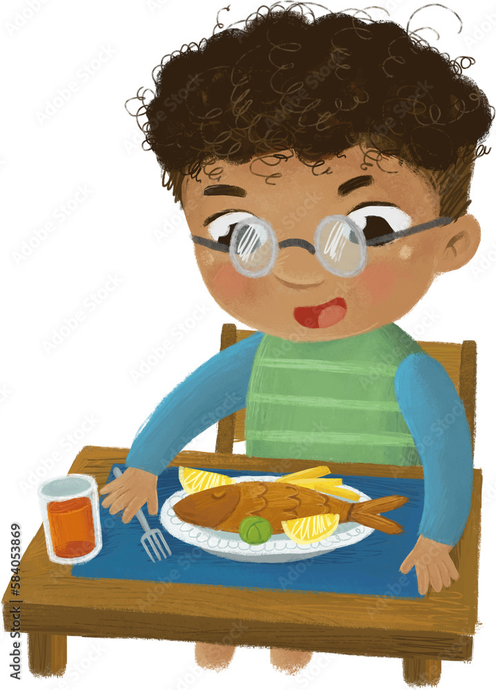 cartoon scene with boy eating healthy dinner fried fish illustration ...