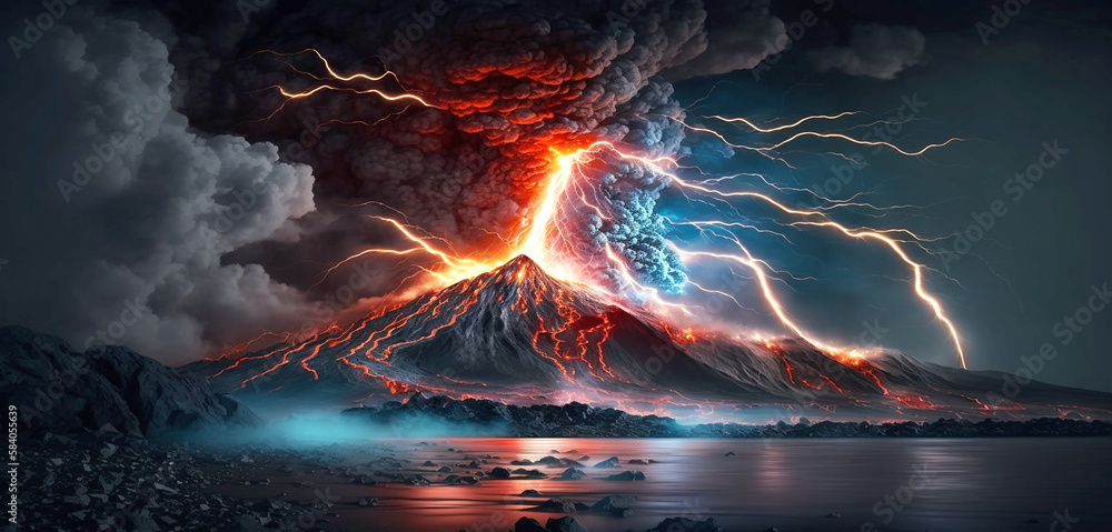 Erupting volcano with lava smoke and lightning . Created with ...