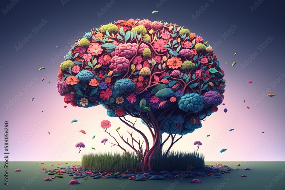 Tree as a Human brain with flowers, self care and mental health concept ...