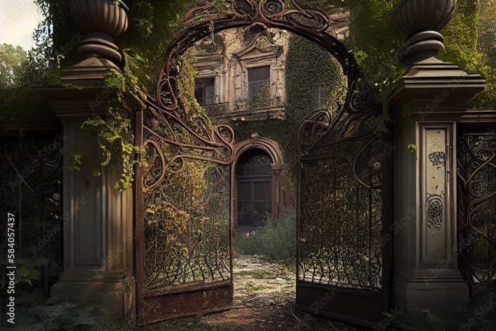 overgrown iron gates, with creeping vines and drooping blooms, leading ...