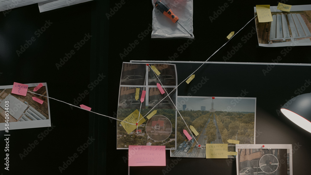 Empty detective office with clues and case files on board, evidence map ...