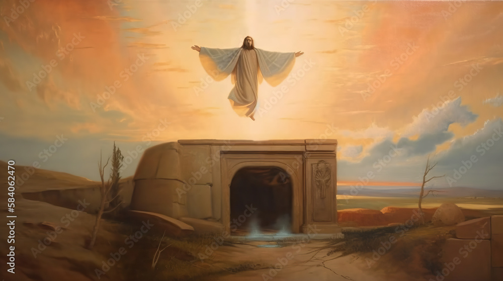 Crucifixion and Resurrection. Empty tomb of Jesus opened. Jesus flying ...
