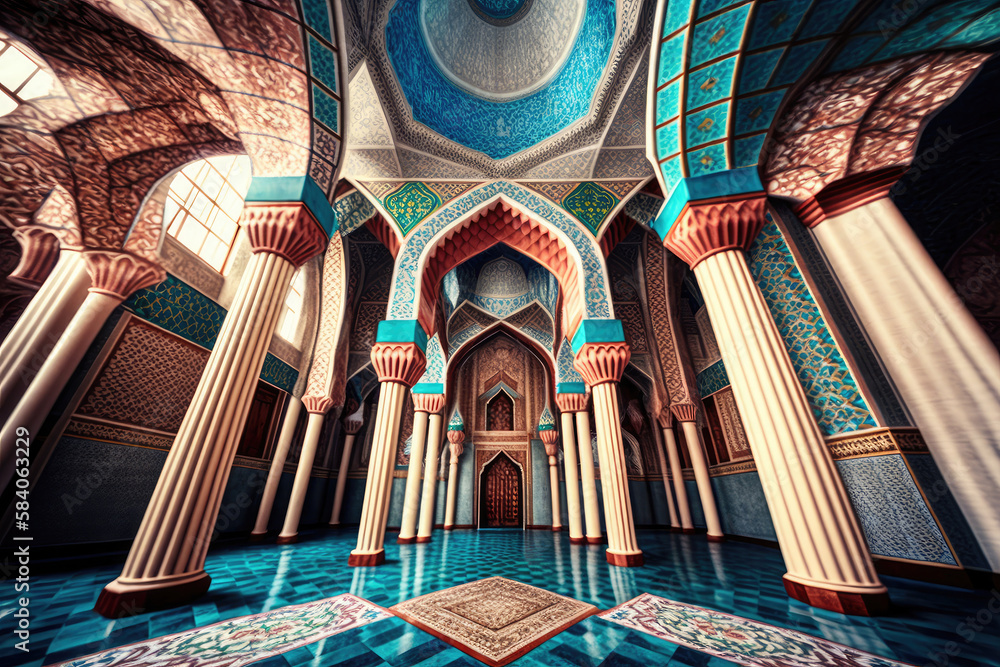 Interior of muslim mosque in traditional design colorful style with ...