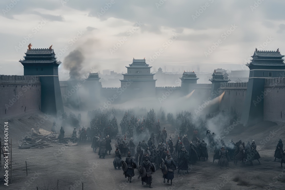 Genghis Khan and his Mongolian generals and warriors fighting under the ...