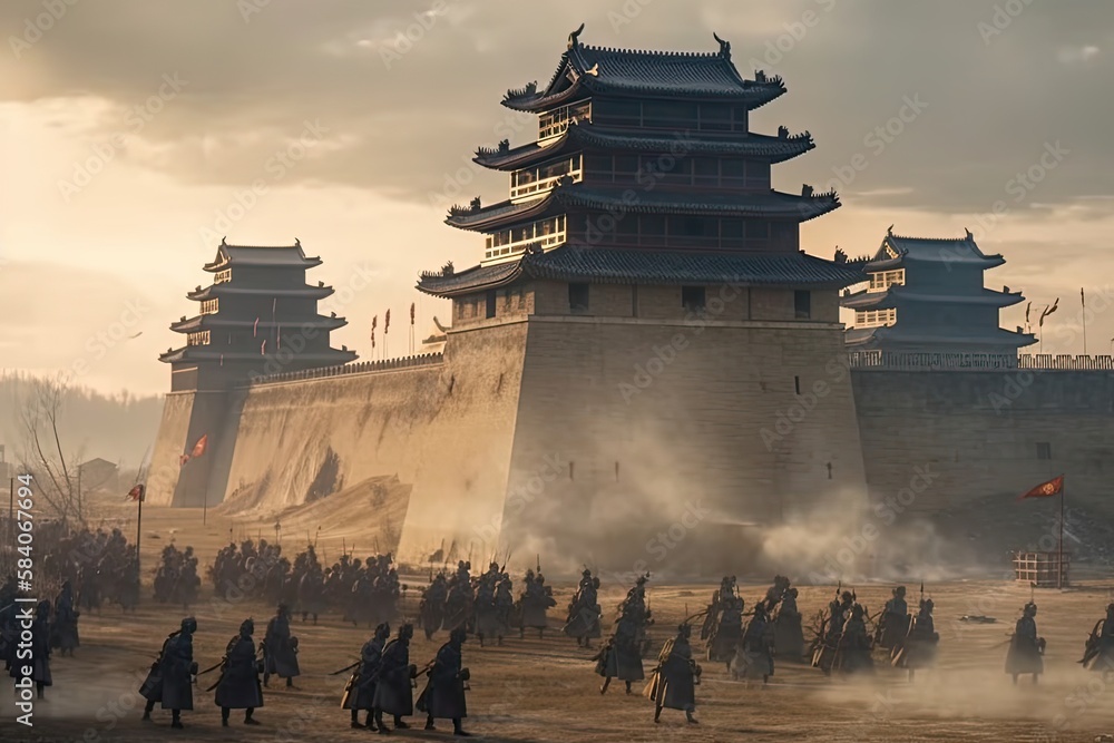 Genghis Khan and his Mongolian generals and warriors fighting under the ...