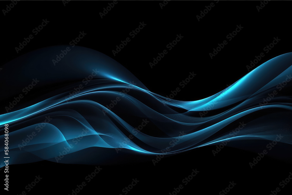 Smooth abstract wavy blue curves on black background with copy spac ...