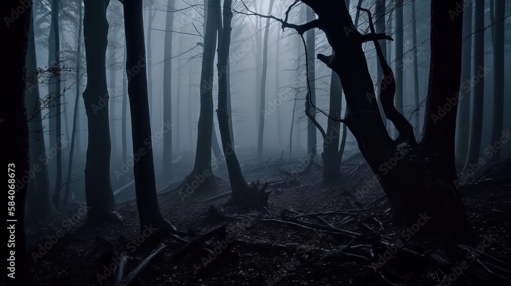 Creepy scarry forest of witch and heroic fantasy old trees and swamp ...