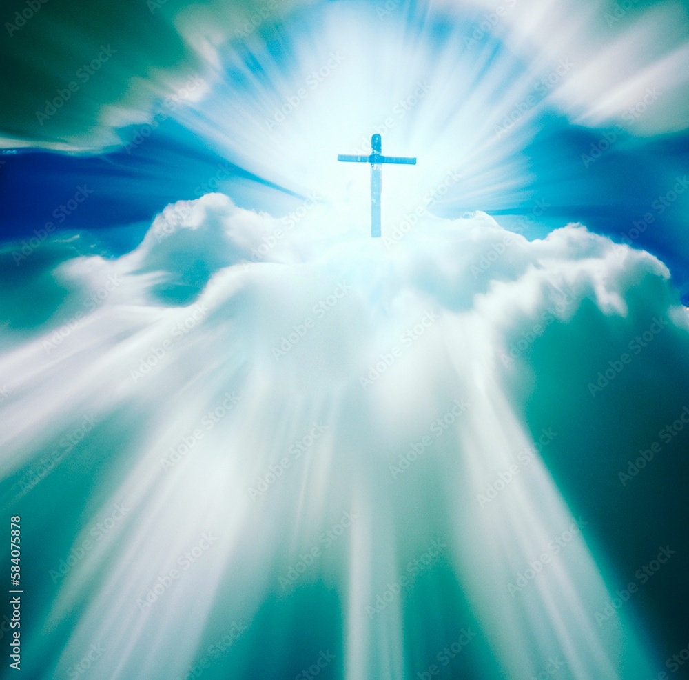 Religious background with Holy Cross glowing. Christian Cross in a sky with some clouds ...