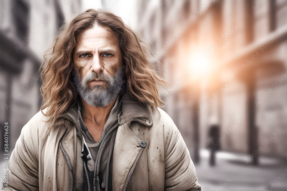 Homeless man walking in the street. Illustration, generative ai ...
