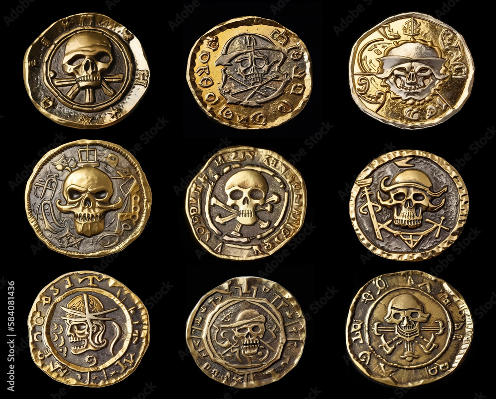 Pack of 9 pirates gold coins medals treasure isolated on black ...