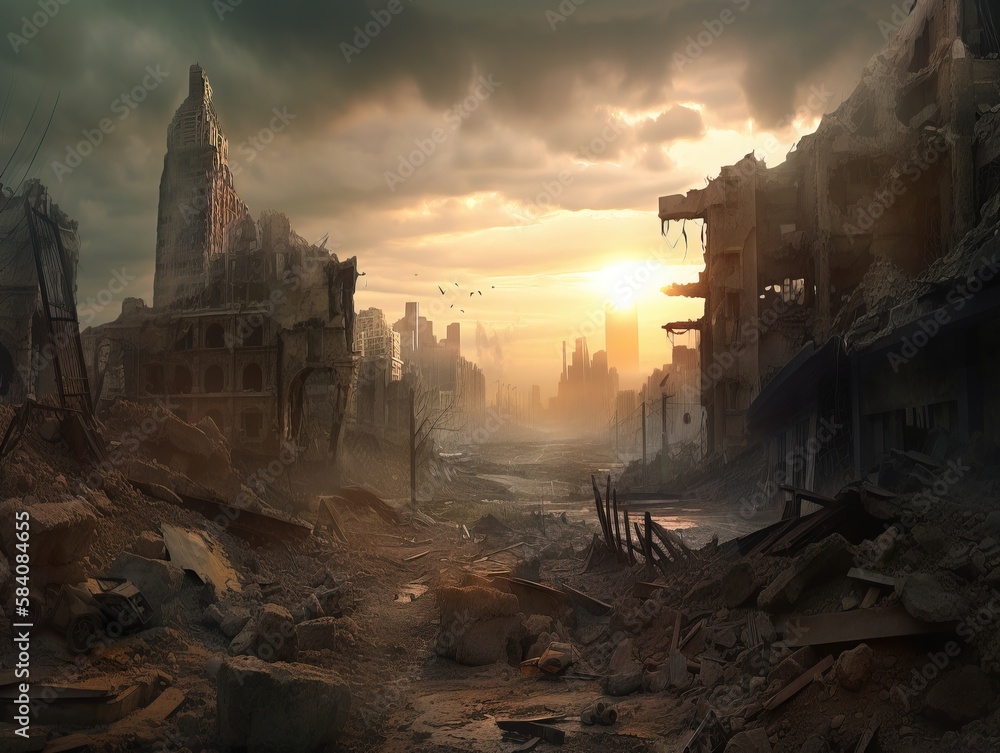 Post-apocalyptic ruined deserted city. Destroyed buildings, destroyed ...