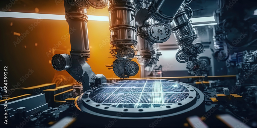 Robotic arms manufacturing processor photographed inside a hi-tech ...