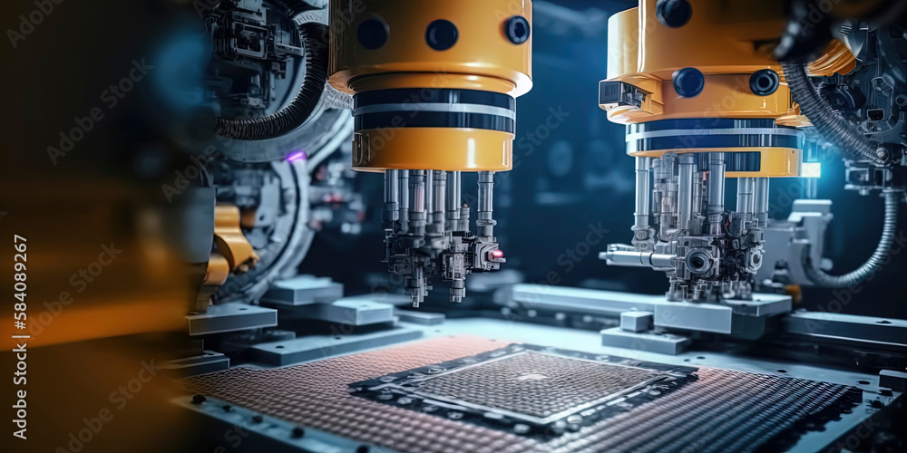 Robotic arms manufacturing processor photographed inside a hi-tech ...