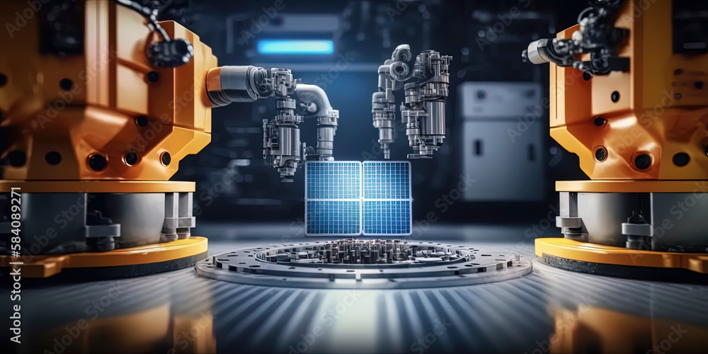 Robotic arms manufacturing processor photographed inside a hi-tech ...