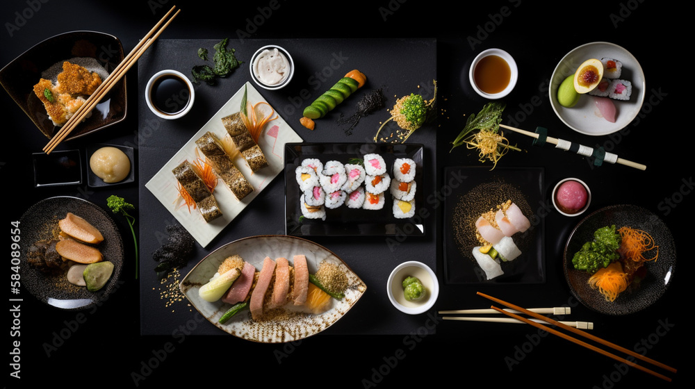 Japanese Cuisine and Sushi Flat Lay - Moody Food Photography with Top ...