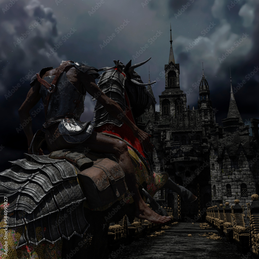 ภาพประกอบสต็อก Headless horseman riding an armed horse in front of a ...