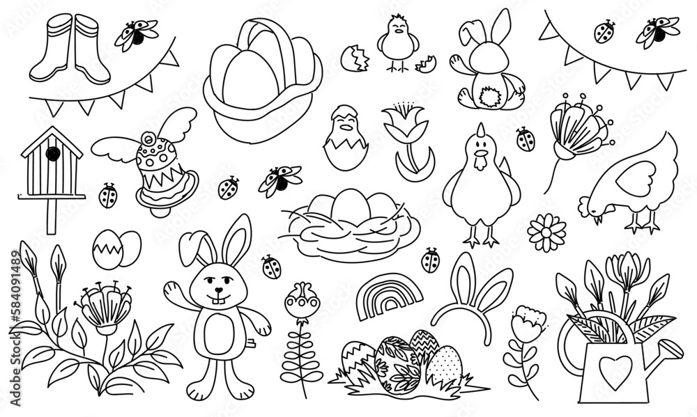 Doodle on the Easter theme. Child coloring, vector black lines on a ...