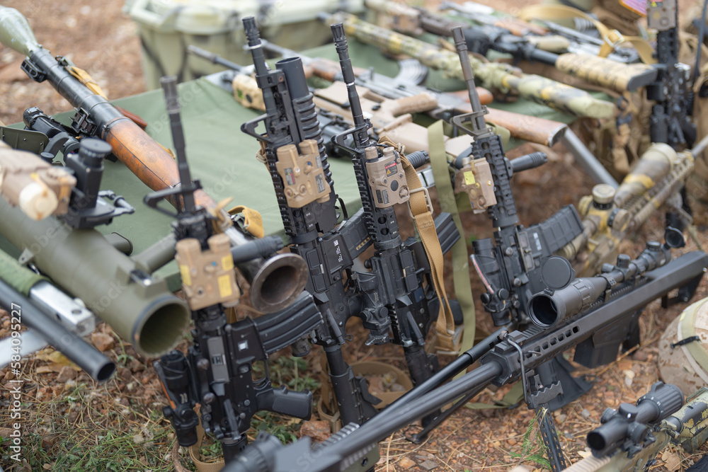 Gun weapons bags and bullets for Army marine corps soldier military war ...