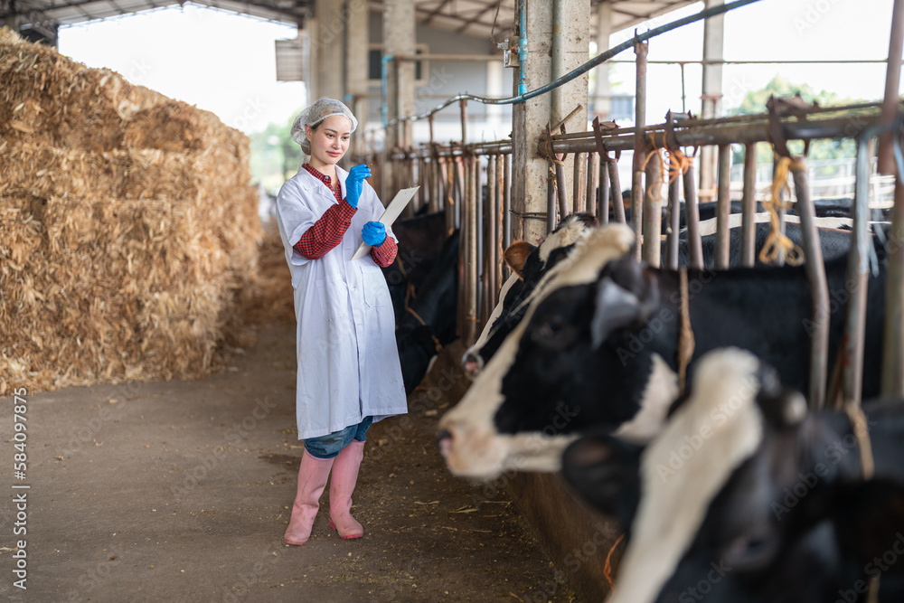Female veterinarian in a white medical gown stands in a cowshed and ...