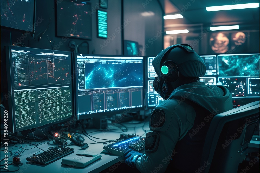 Fictional Hacker in Front of the Screen in a Room Full of Computers ...