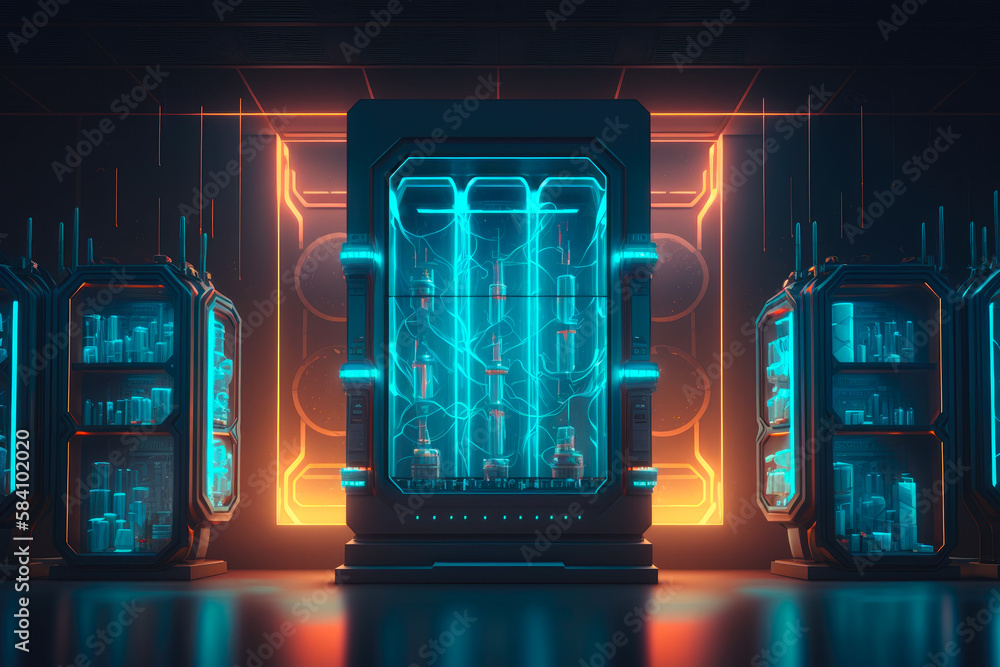 a futuristic laboratory with glowing test tubes and holographic ...