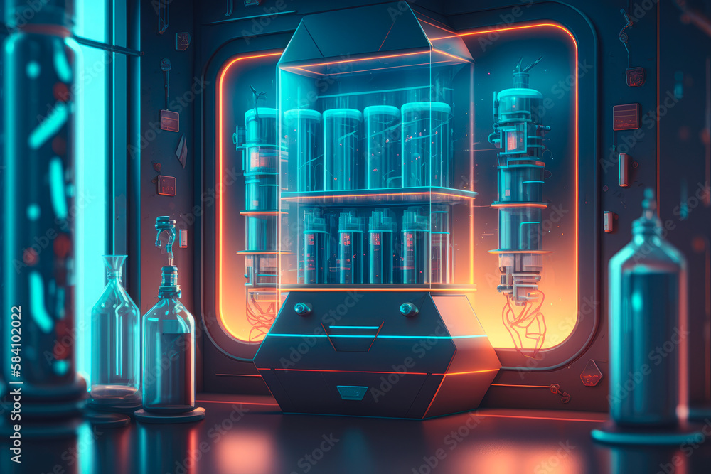 a futuristic laboratory with glowing test tubes and holographic ...