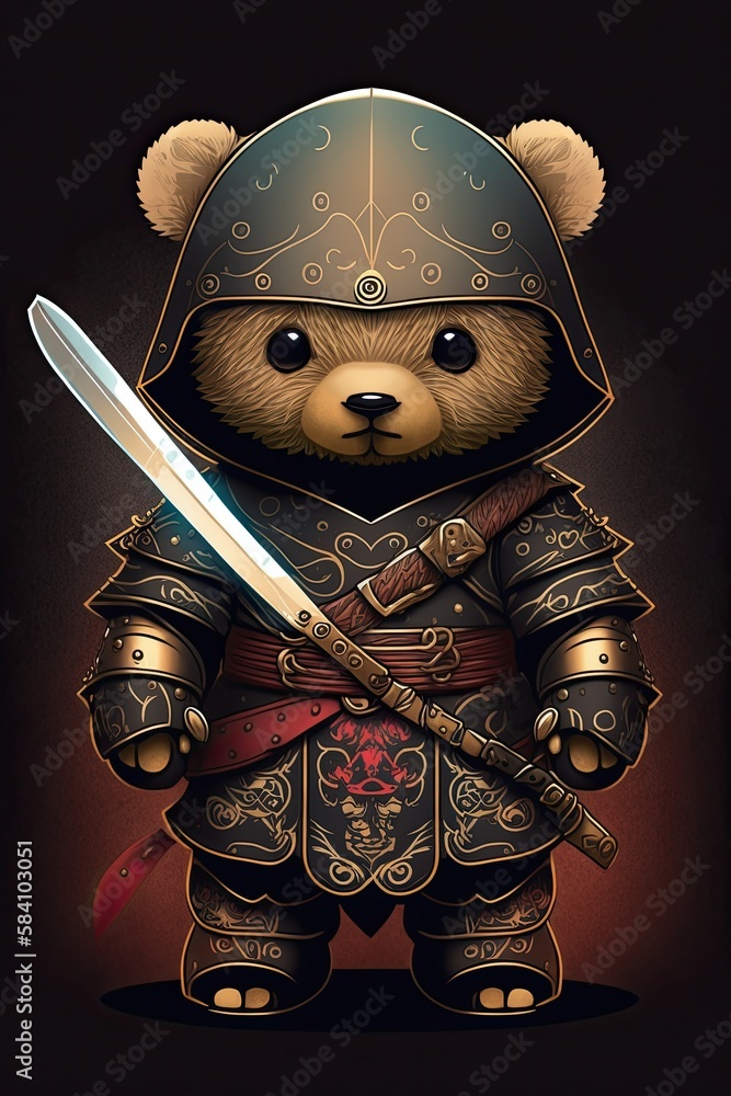 Samurai Armor Bear Chibi Illustration: Cute and Dynamic Anime-Style ...
