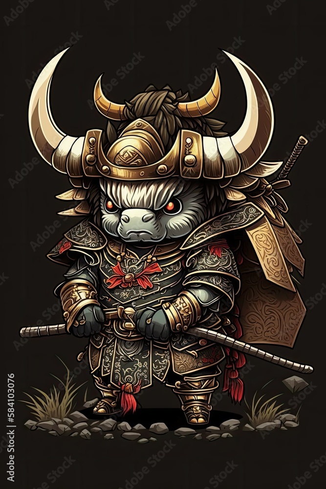 Chibi Anime Illustration of Bull in Japanese Samurai Armor: Playful ...