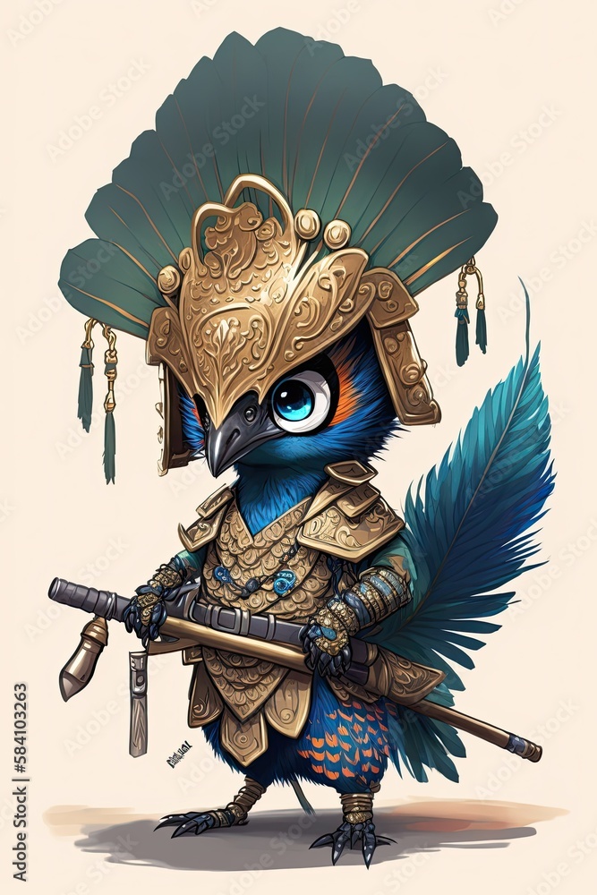 Cute and Cool Chibi Anime Peacock Illustration in Samurai Armor ...