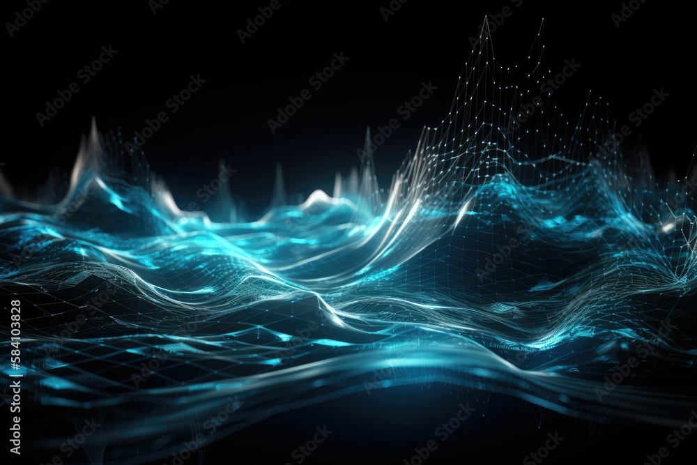 floating analog digital waves and wave-forms on a black background ...